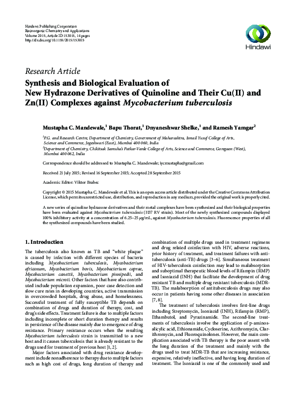 (PDF) Synthesis and Biological Evaluation of New Hydrazone Derivatives of Quinoline and Their Cu ...