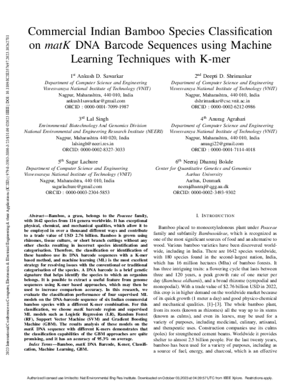 (PDF) Commercial Indian Bamboo Species Classification on matK DNA Barcode Sequences using ...