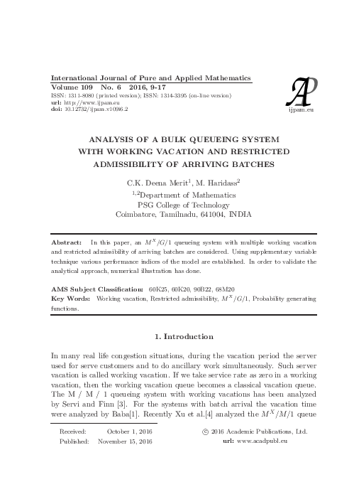 (PDF) Analysis of a Bulk Queueing System with Working Vacation and ...