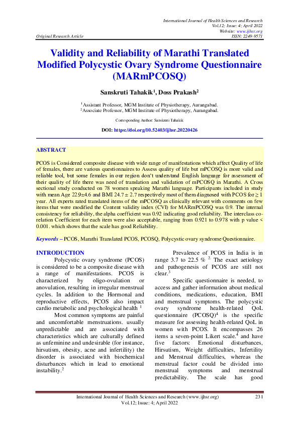 (PDF) Validity and Reliability of Marathi Translated Modified ...