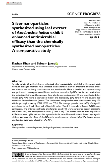 (PDF) Silver nanoparticles synthesized using leaf extract of Azadirachta indica exhibit enhanced ...