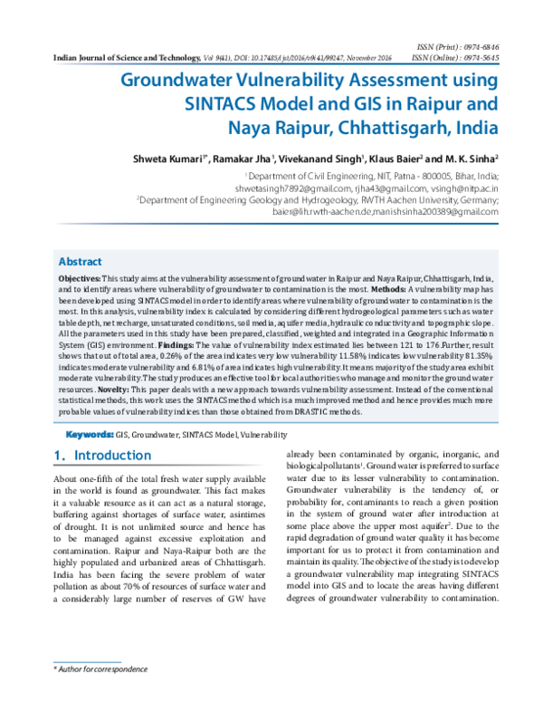 (PDF) Groundwater Vulnerability Assessment using SINTACS Model and GIS in Raipur and Naya Raipur ...