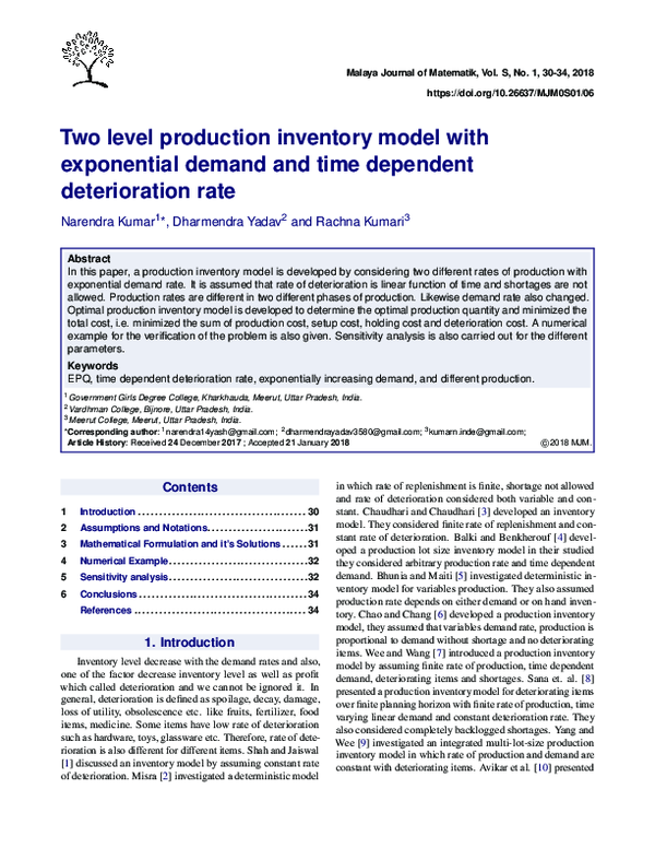 Pdf Two Level Production Inventory Model With Exponential Demand And Time Dependent