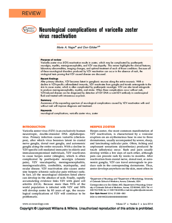 (PDF) Neurological complications of varicella zoster virus reactivation