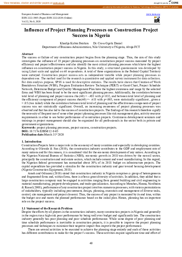 (PDF) Influence of Project Planning Processes on Construction Project ...