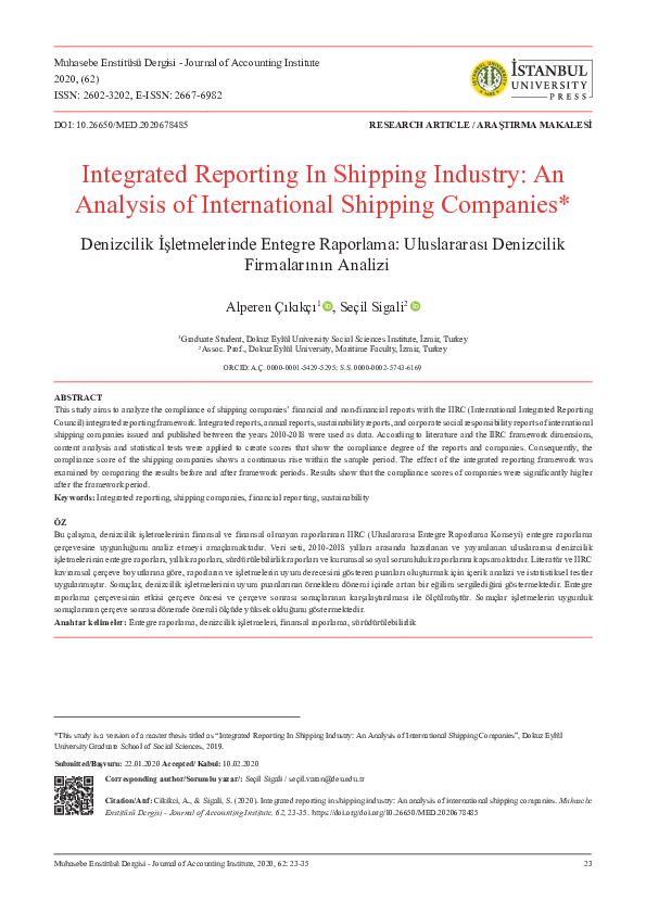 (PDF) Integrated Reporting In Shipping Industry: An Analysis of ...