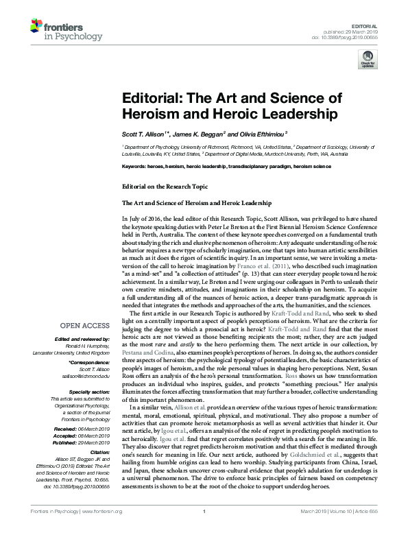 (PDF) Editorial: The Art and Science of Heroism and Heroic Leadership