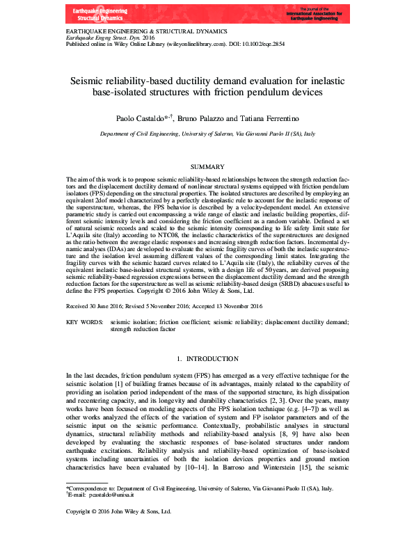 Pdf Seismic Reliability Based Ductility Demand Evaluation For Inelastic Base Isolated
