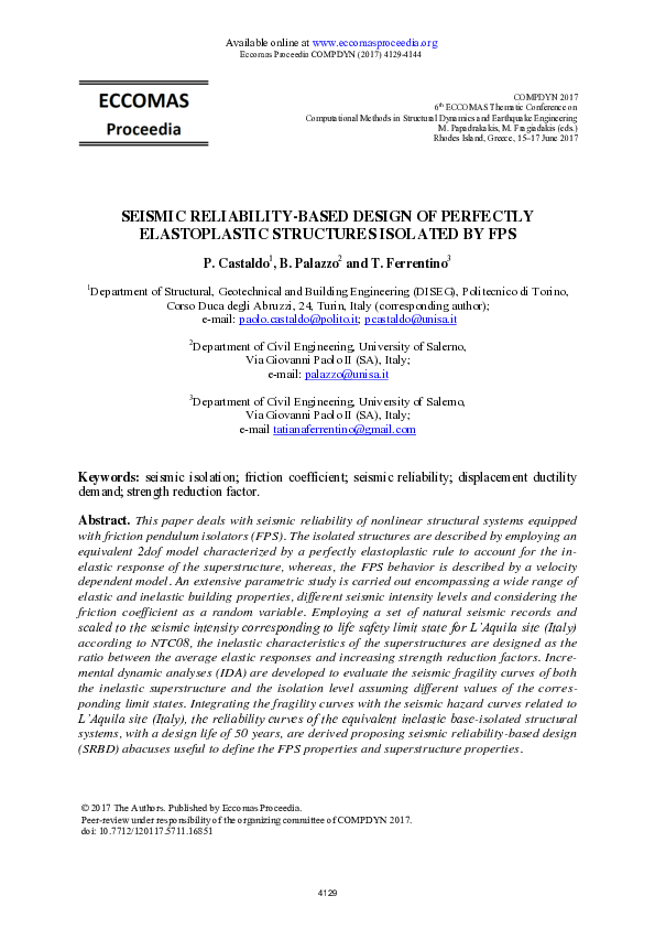 (PDF) Seismic Reliability-Based Design of Perfectly Elastoplastic Structutres Isolated by FPS