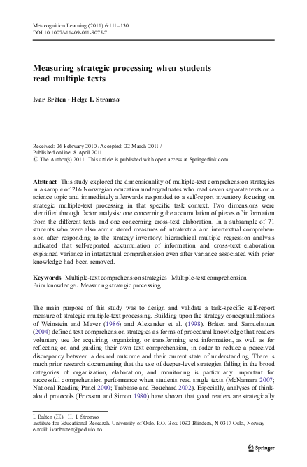 (PDF) Measuring strategic processing when students read multiple texts