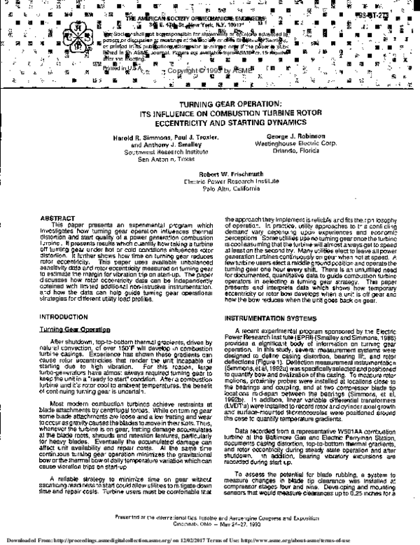 (PDF) Turning Gear Operation: Its Influence on Combustion Turbine Rotor ...