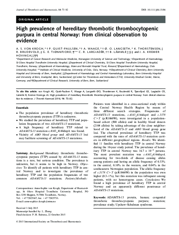 (PDF) High prevalence of hereditary thrombotic thrombocytopenic purpura ...
