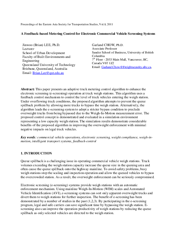 (PDF) Adaptive Metering Control for Truck E-Screening Systems