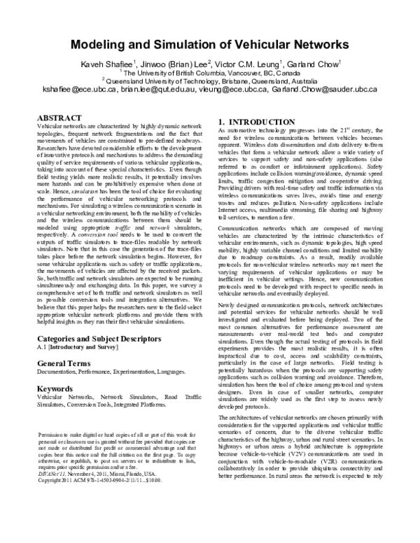 Pdf Modeling And Simulation Of Vehicular Networks