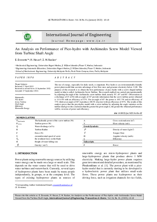 (PDF) An Analysis on Performance of Pico-hydro with Archimedes Screw Model Viewed from Turbine ...