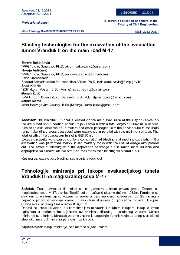 (PDF) Blasting technologies for the excavation of the evacuation tunnel Vranduk II on the main ...