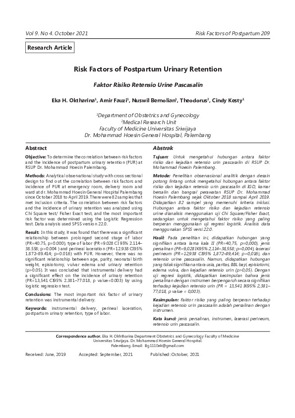 (PDF) Risk Factors of Postpartum Urinary Retention