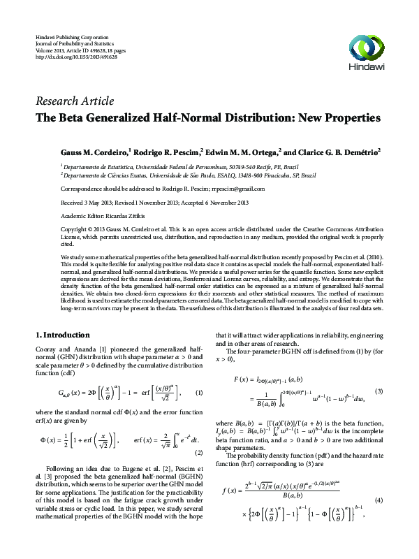 (PDF) The beta generalized half-normal distribution: new properties and applications