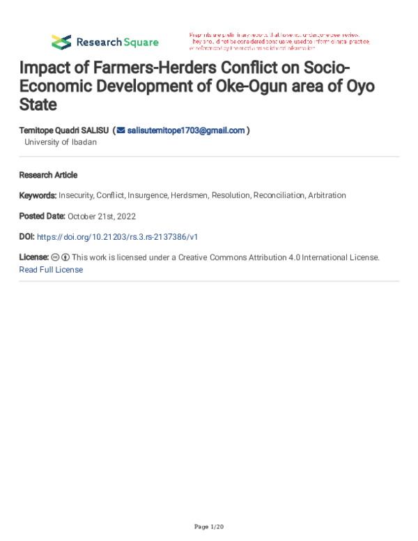 (PDF) Impact of Farmers-Herders Conflict on Socio-Economic Development of Oke-Ogun area of Oyo State