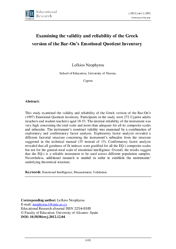 Pdf Examining The Validity And Reliability Of The Greek Version Of