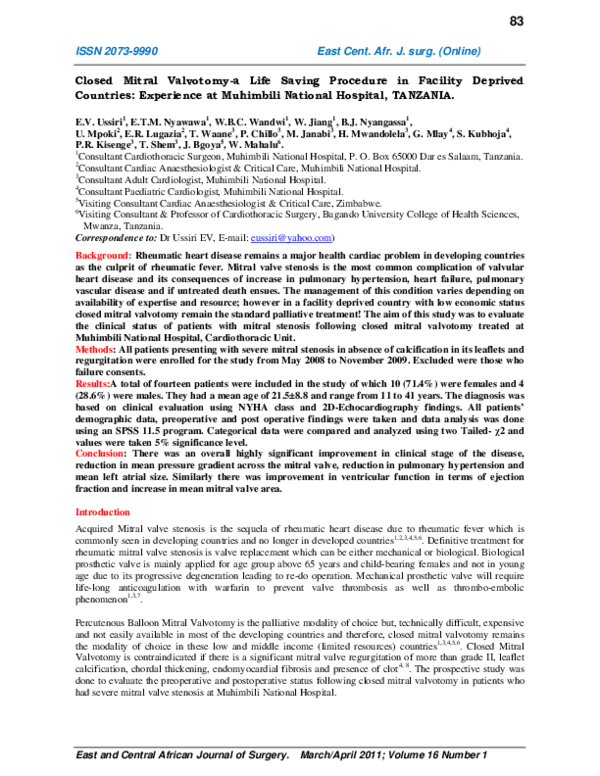 (PDF) Closed Mitral Valvotomy-a Life Saving Procedure in Facility ...