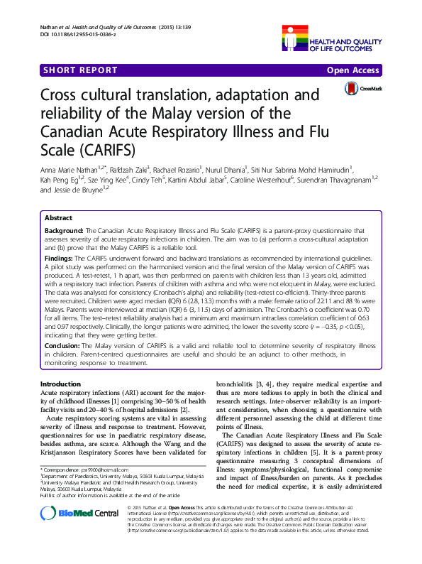 (PDF) Cross cultural translation, adaptation and reliability of the Malay version of the ...