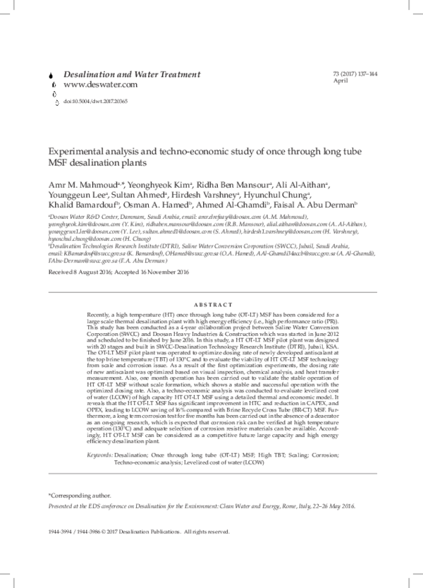 (PDF) Experimental analysis and techno-economic study of once through ...