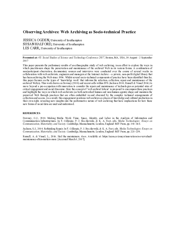 (PDF) Observing Archives: Web Archiving as Socio-Technical Practice