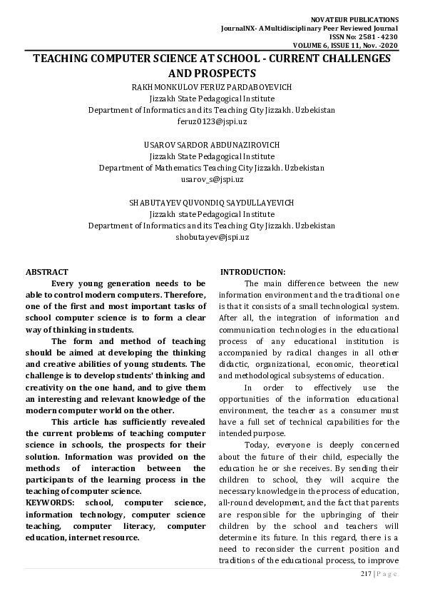 (PDF) TEACHING COMPUTER SCIENCE AT SCHOOL -CURRENT CHALLENGES AND PROSPECTS