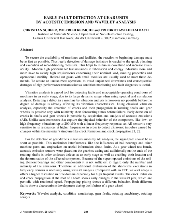 Pdf Early Fault Detection At Gear Units By Acoustic Emission And Wavelet Analysis