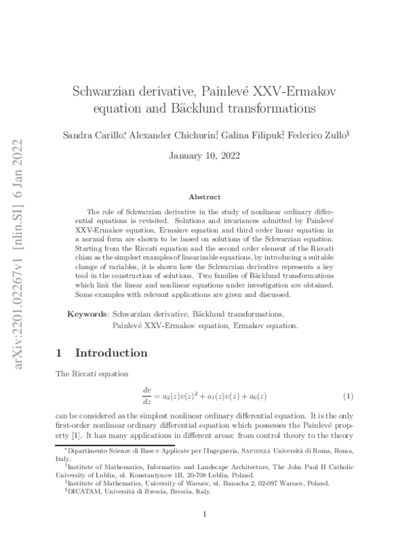 (PDF) Schwarzian derivative, Painlevé XXV–Ermakov equation, and Bäcklund transformations