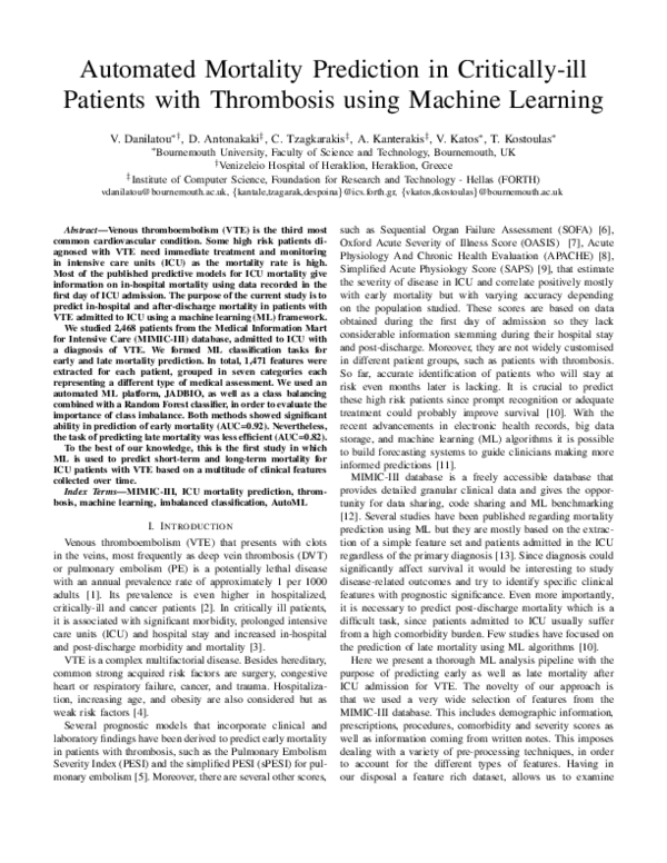(PDF) Automated Mortality Prediction in Critically-ill Patients with Thrombosis using Machine ...