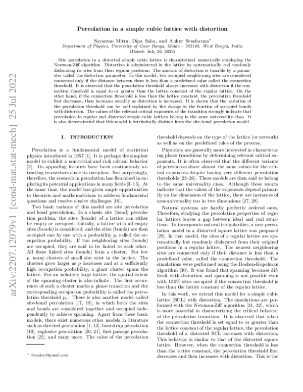 (PDF) Percolation in a simple cubic lattice with distortion | DIPA SAHA - Academia.edu