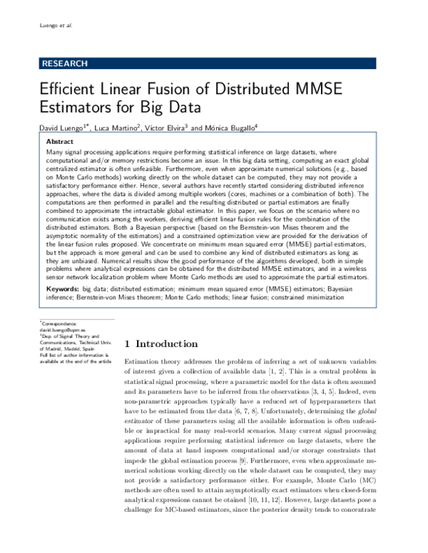 (PDF) Efficient Linear Fusion of Distributed MMSE Estimators for Big Data