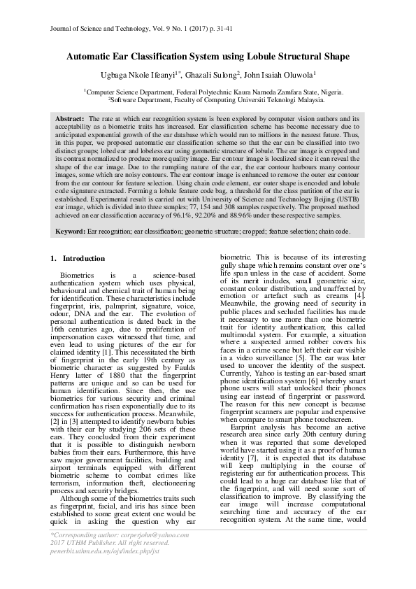 (PDF) Automatic Ear Classification System using Lobule Structural Shape | Ifeanyi Ugbaga ...