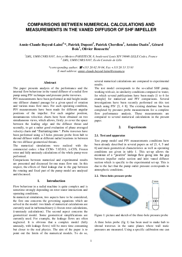 (PDF) 1 Comparisons Between Numerical Calculations and Measurements in the Vaned Diffusor of SHF ...