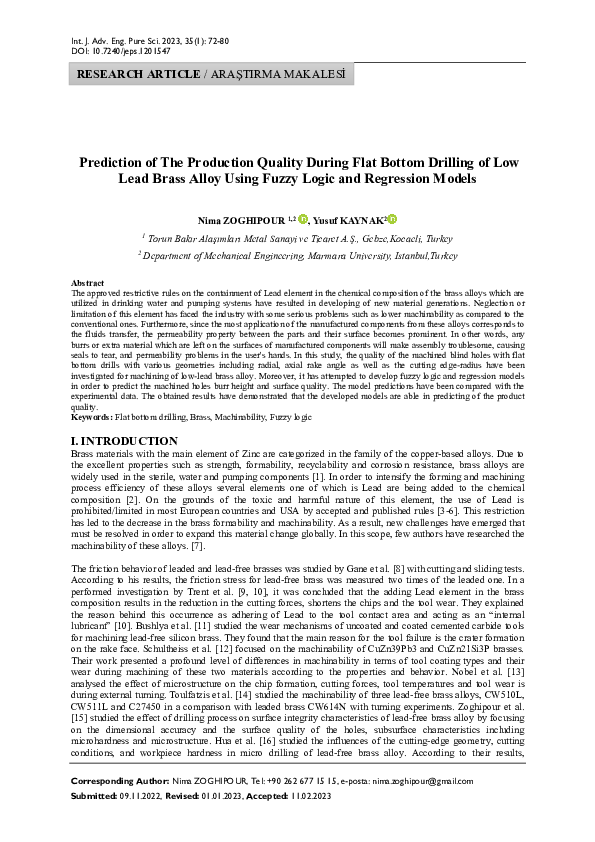 (PDF) Prediction of the Production Quality During Flat Bottom Drilling of Low Lead Brass Alloy ...