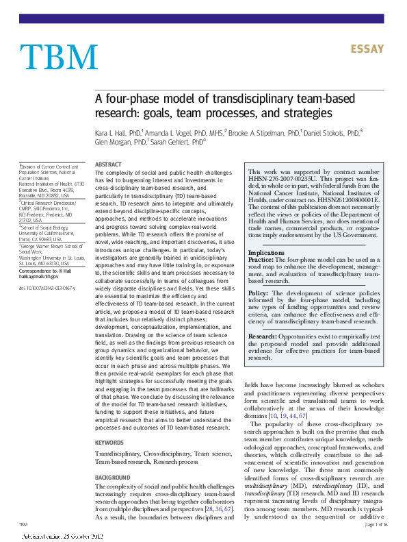 (PDF) A four-phase model of transdisciplinary team-based research: goals, team processes, and ...