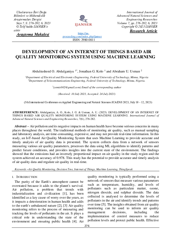 Pdf Development Of An Internet Of Things Based Air Quality Monitoring