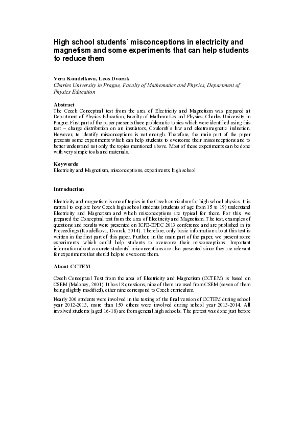 (PDF) High school students' misconceptions in electricity and magnetism and some experiments ...