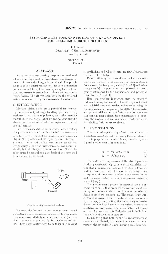 (PDF) Estimating the Pose and Motion of A Known Object for Real-Time Robotic Tracking