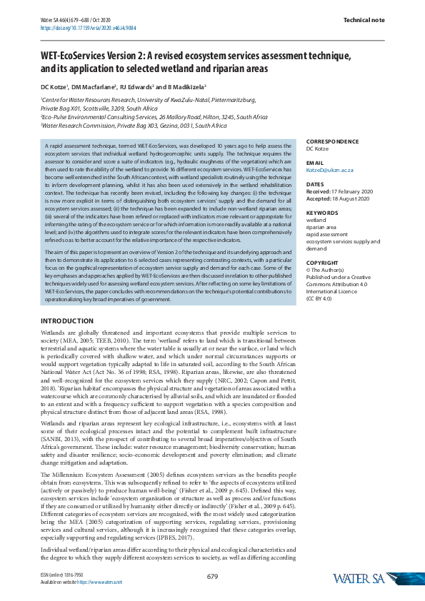 (PDF) WET-EcoServices Version 2: A revised ecosystem services assessment technique, and its ...