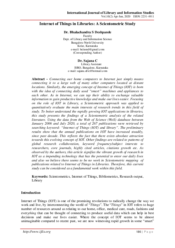 (PDF) Internet of Things in Libraries: A Scientometric Study
