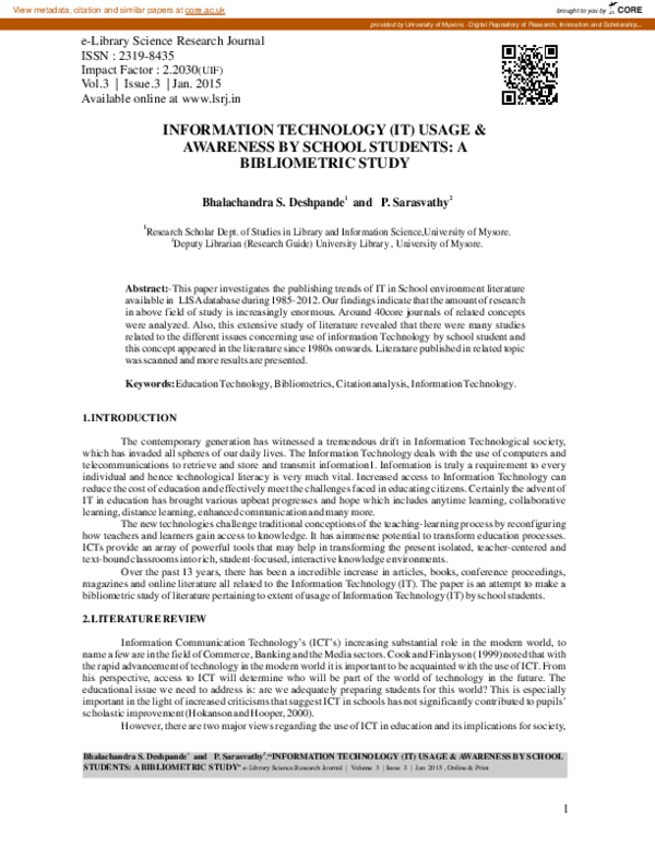 (PDF) Information technology (IT) usage & awareness by school students ...