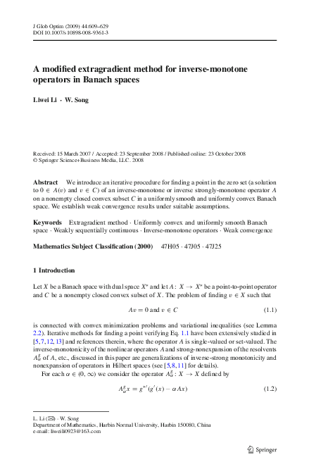 (PDF) A modified extragradient method for inverse-monotone operators in Banach spaces