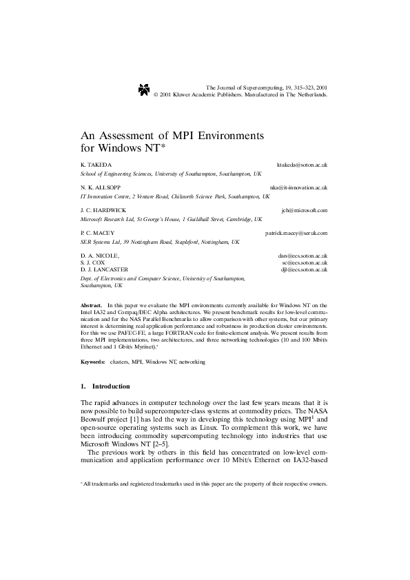 (PDF) Evaluating MPI on Windows NT Clusters