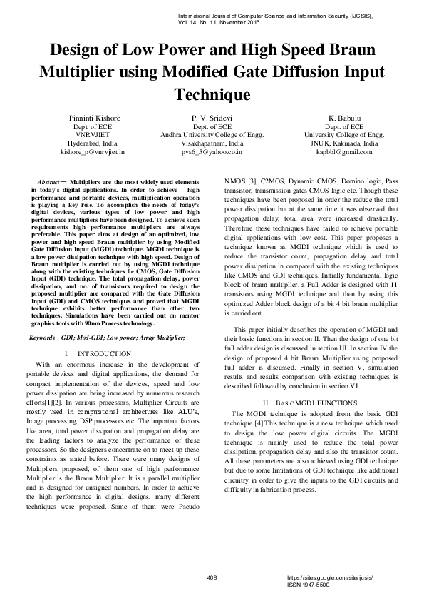 Pdf Design Of Low Power And High Speed Braun Multiplier Using Modified Gate Diffusion Input