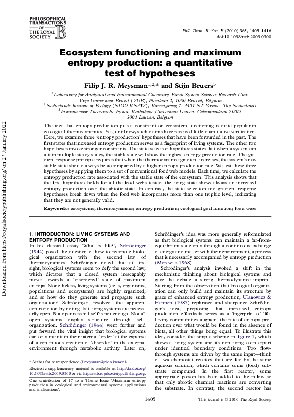 (PDF) Ecosystem functioning and maximum entropy production: a ...