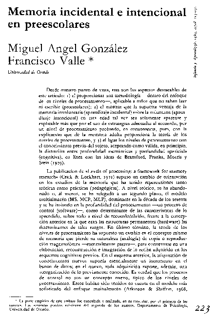 (PDF) Memoria incidental e intencional en preescolares