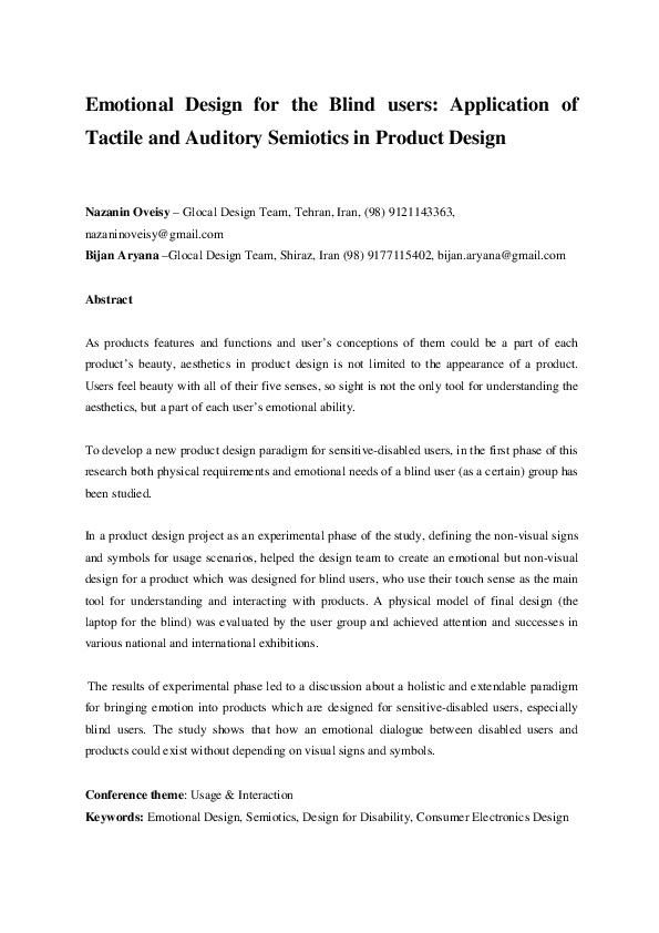 Pdf Emotional Design For The Blind Usersapplication Of Tactile And Auditory Semiotics In
